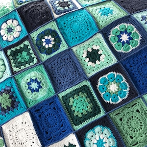 Blue Green Patchwork Granny Square Lap Throw Small Cotton Afghan Mint ...