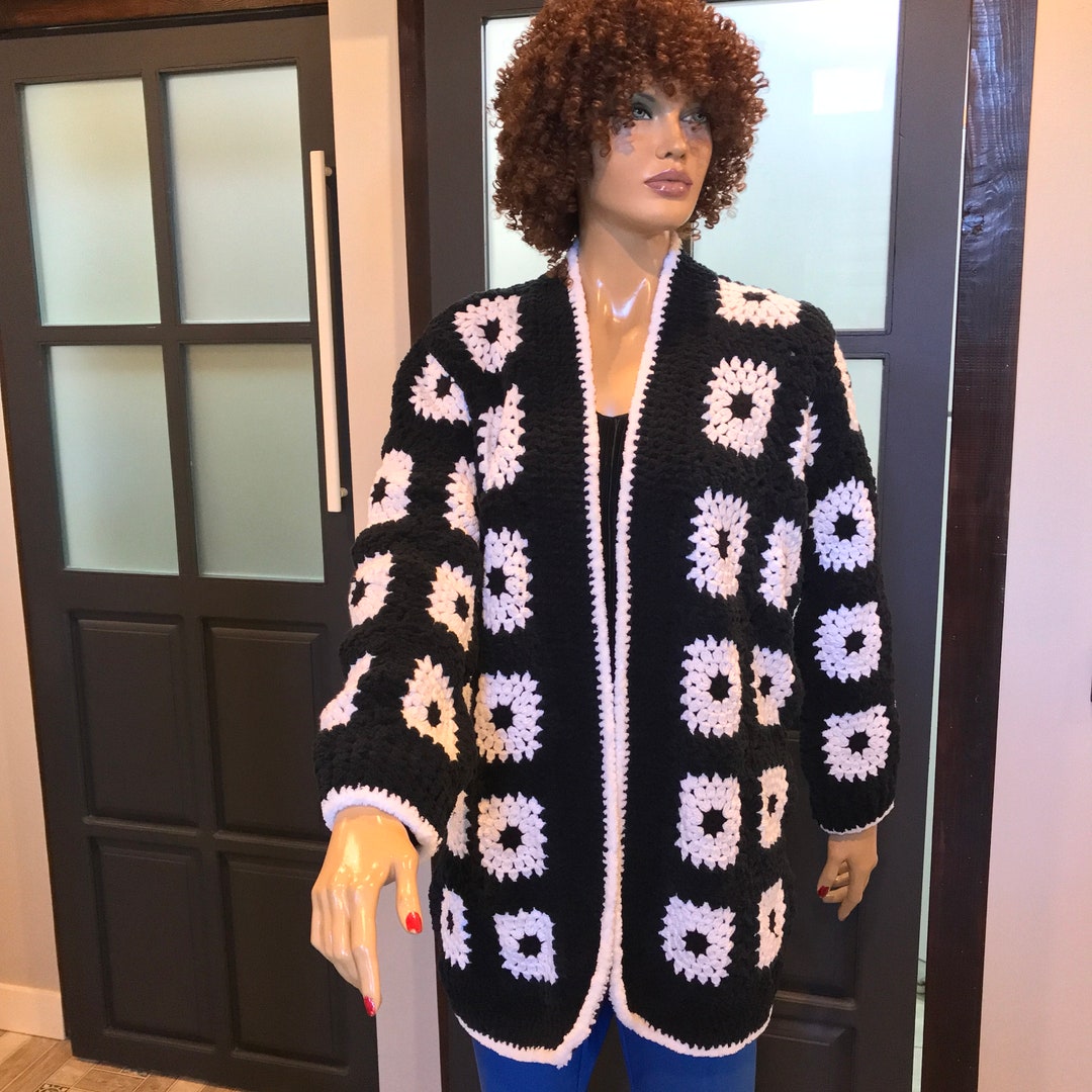 Chenille Crochet Chenille Granny Square Crochet Motif Jacket Handmade ...