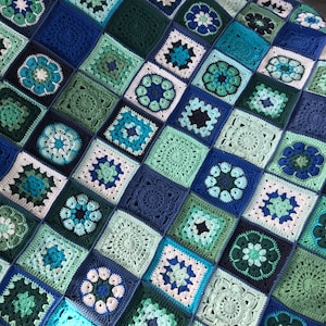 Blue Green Patchwork Granny Square Lap Throw Small Cotton Afghan Mint ...