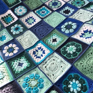 Blue Green Patchwork Granny Square Lap Throw Small Cotton Afghan Mint Green Dark Green Light ...