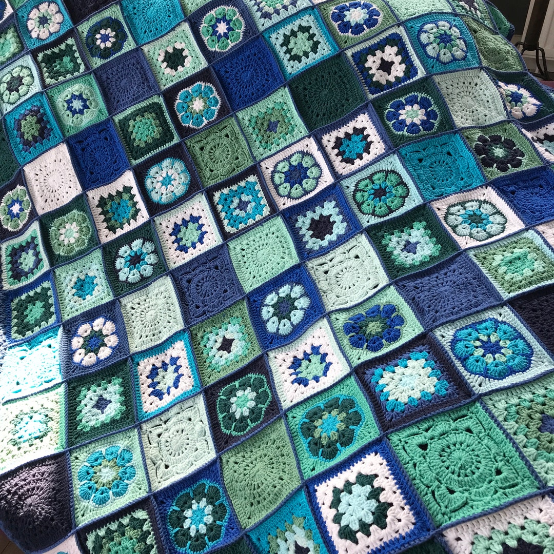 Blue Green Patchwork Granny Square Lap Throw Small Cotton Afghan Mint Green Dark Green Light ...