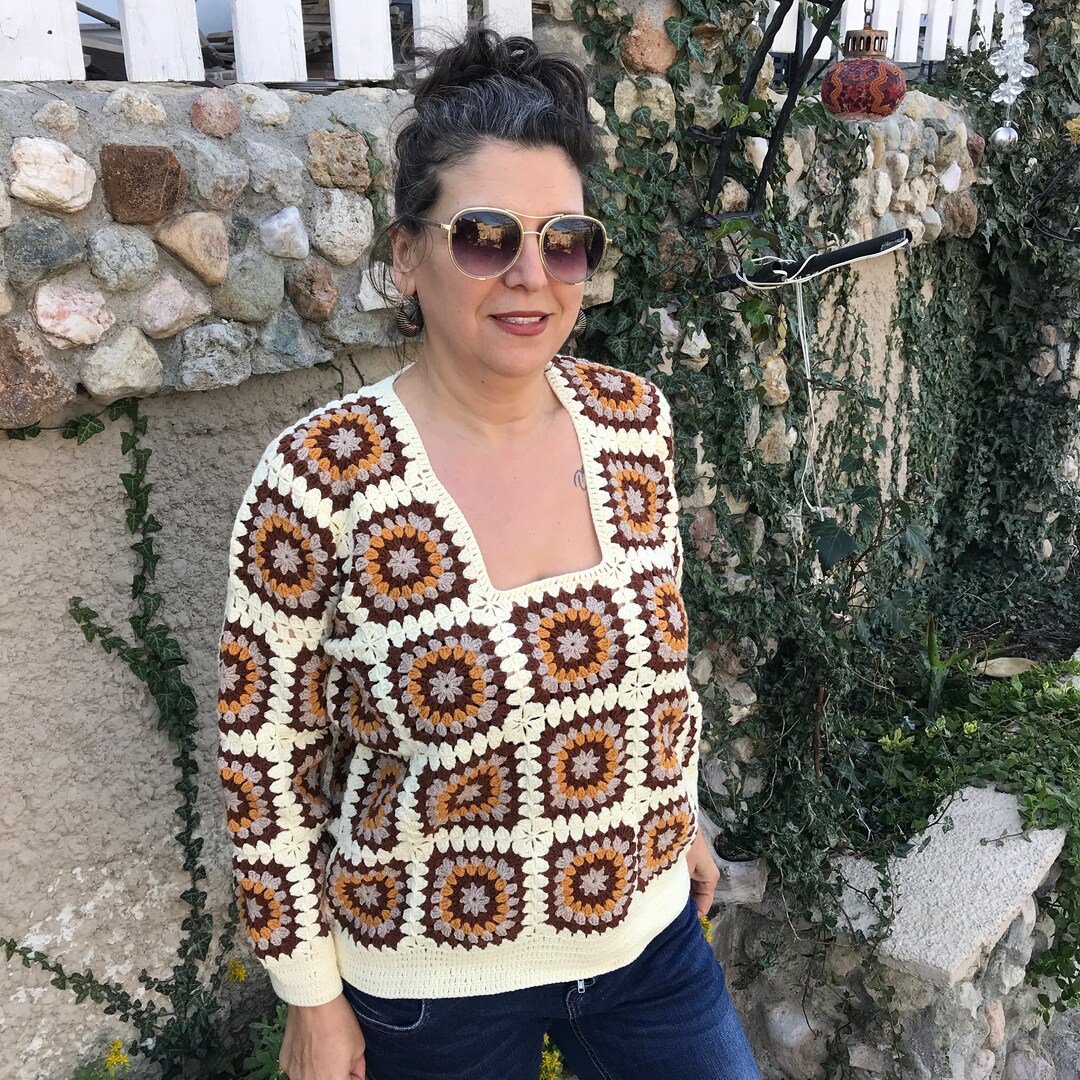 Pullover Sweater Granny Square Crochet XL Cotton Jumper - Etsy