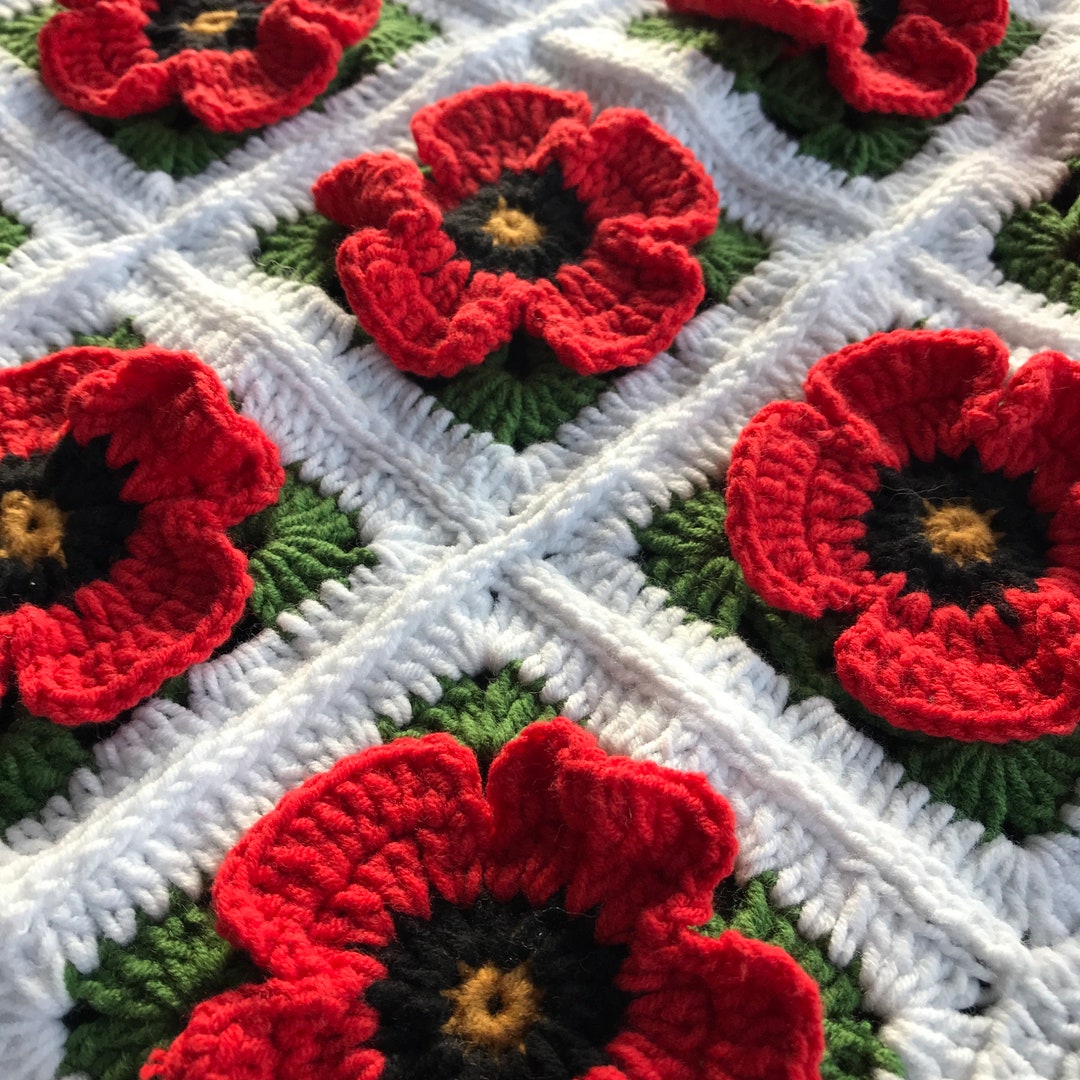 Red and White Poppy Blanket Crochet 3D Poppy Floral Cotton Crochet ...