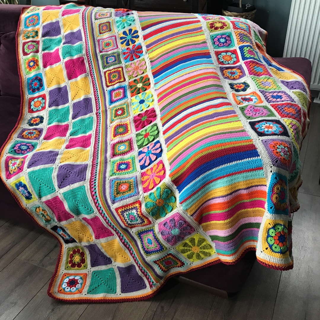 Handmade Crochet Multi Colored Blanket, Mixed Motif Rainbow Blanket ...