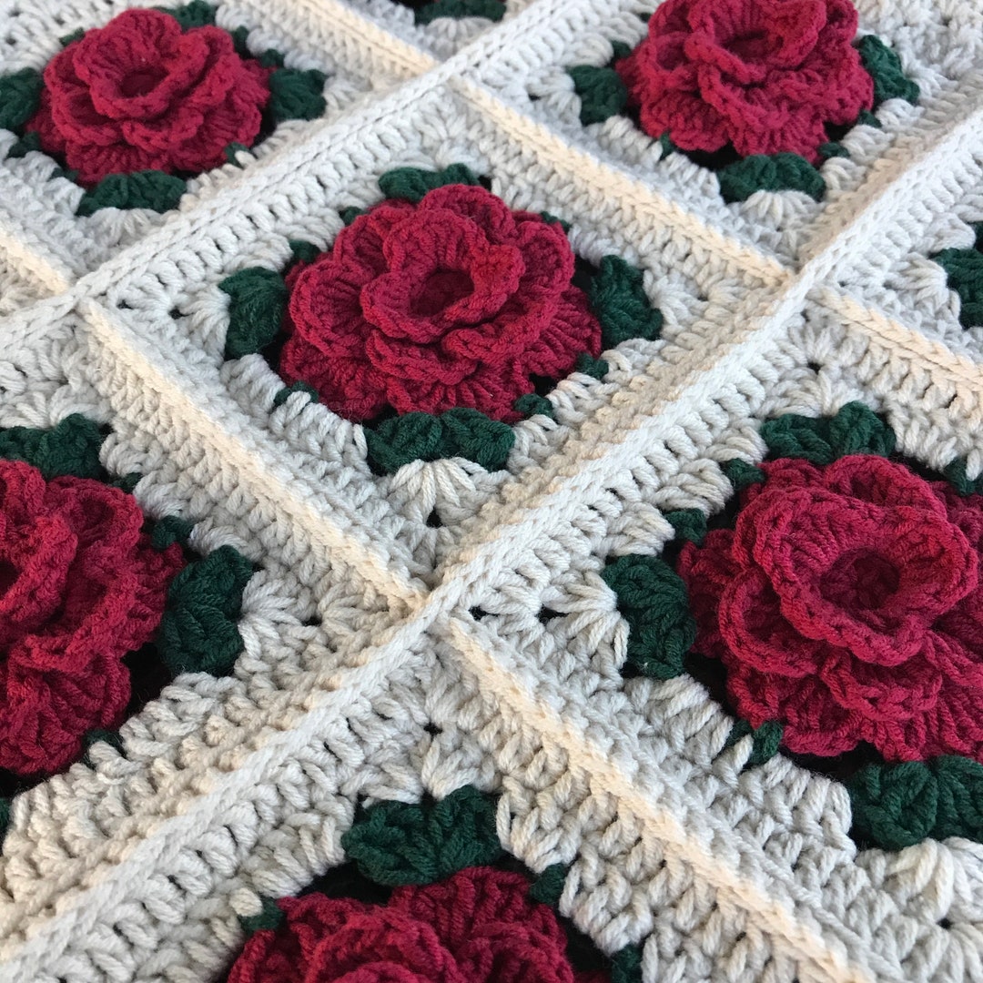 3D Burgundy Rose Granny Square Blanket Crochet Blanket Handmade for ...