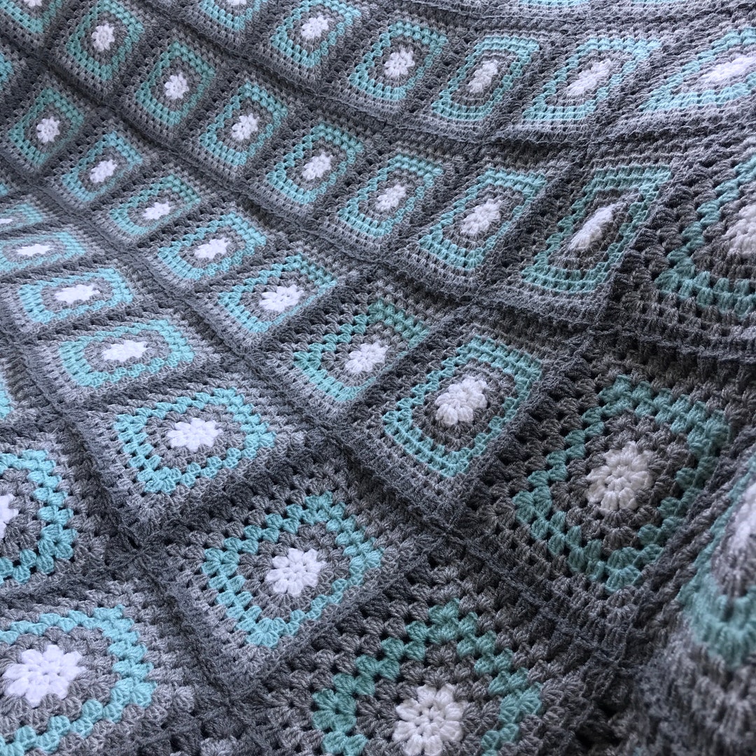 Teal Silver Grey Wool Crochet Afghan Twin Blanket Ready to Ship - Etsy