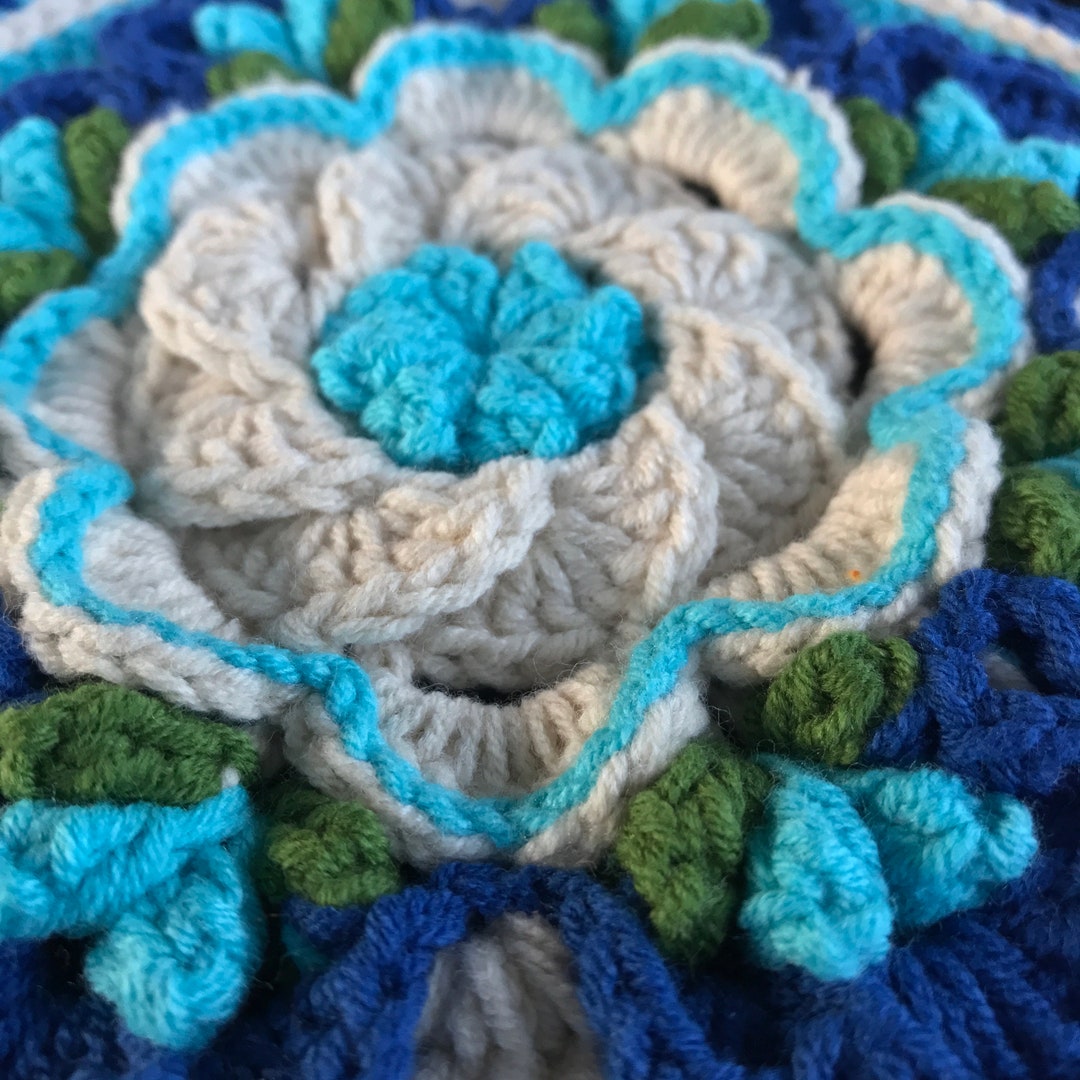 3D Blue Big Floral Granny Square Crochet Flower Blanket Lap Throw ...