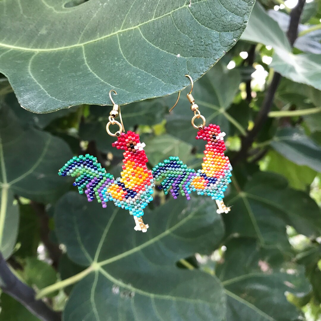 Rooster Earrings Seed Beaded Earrings Farm Rooster - Etsy