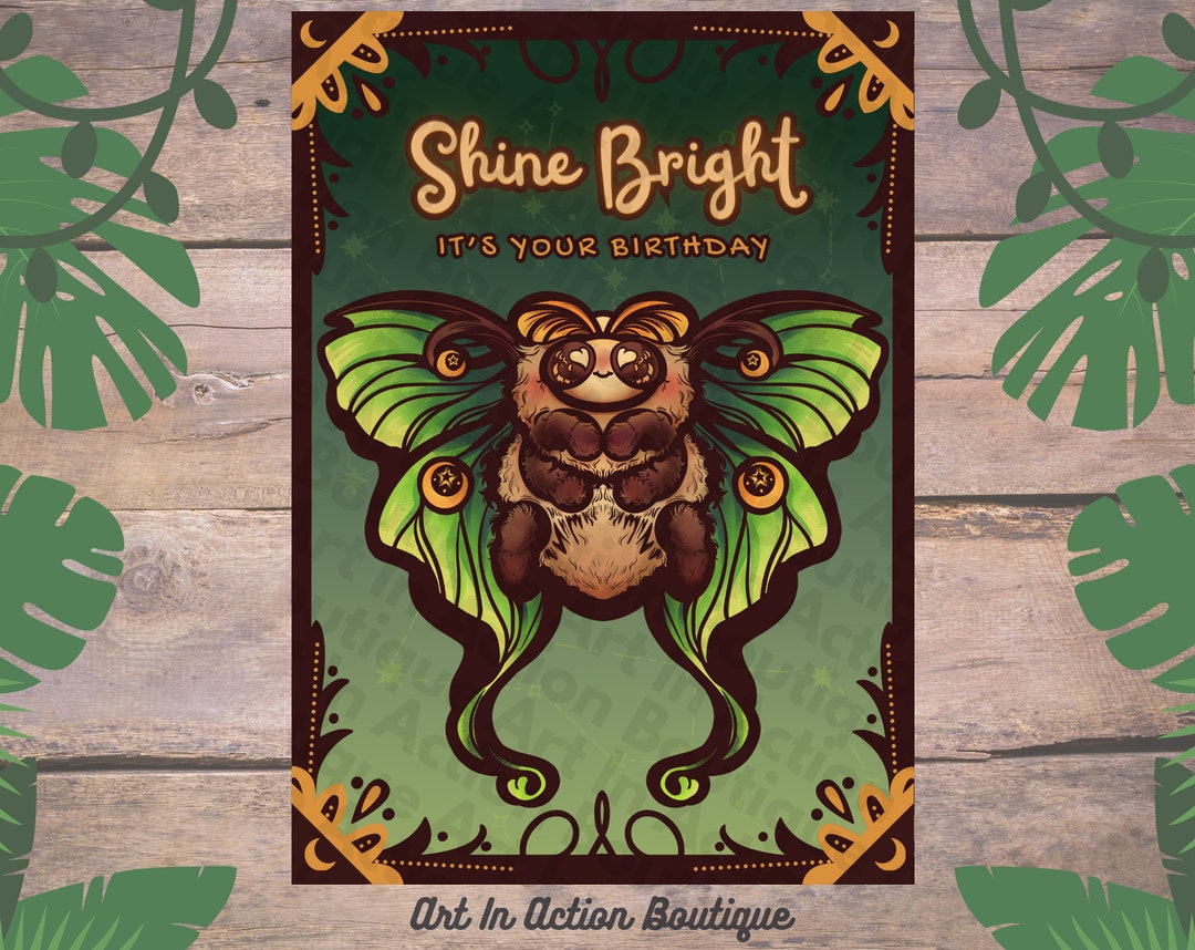Cute Beautiful Stunning Lunar Moth Birthday Card, Shine Bright, Earthy ...