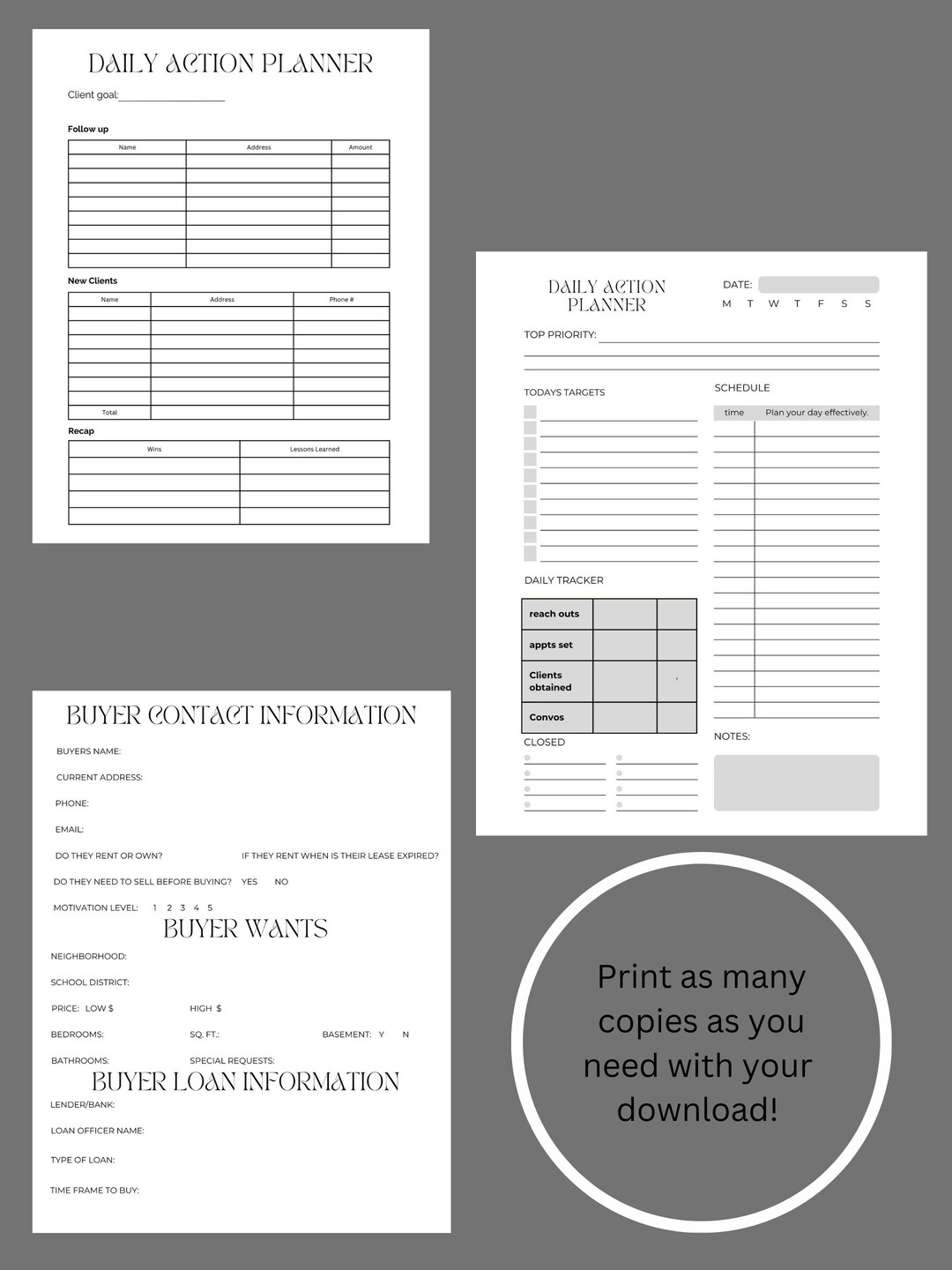 Printable Daily Action Planner for Real Estate, Real Estate Transaction ...