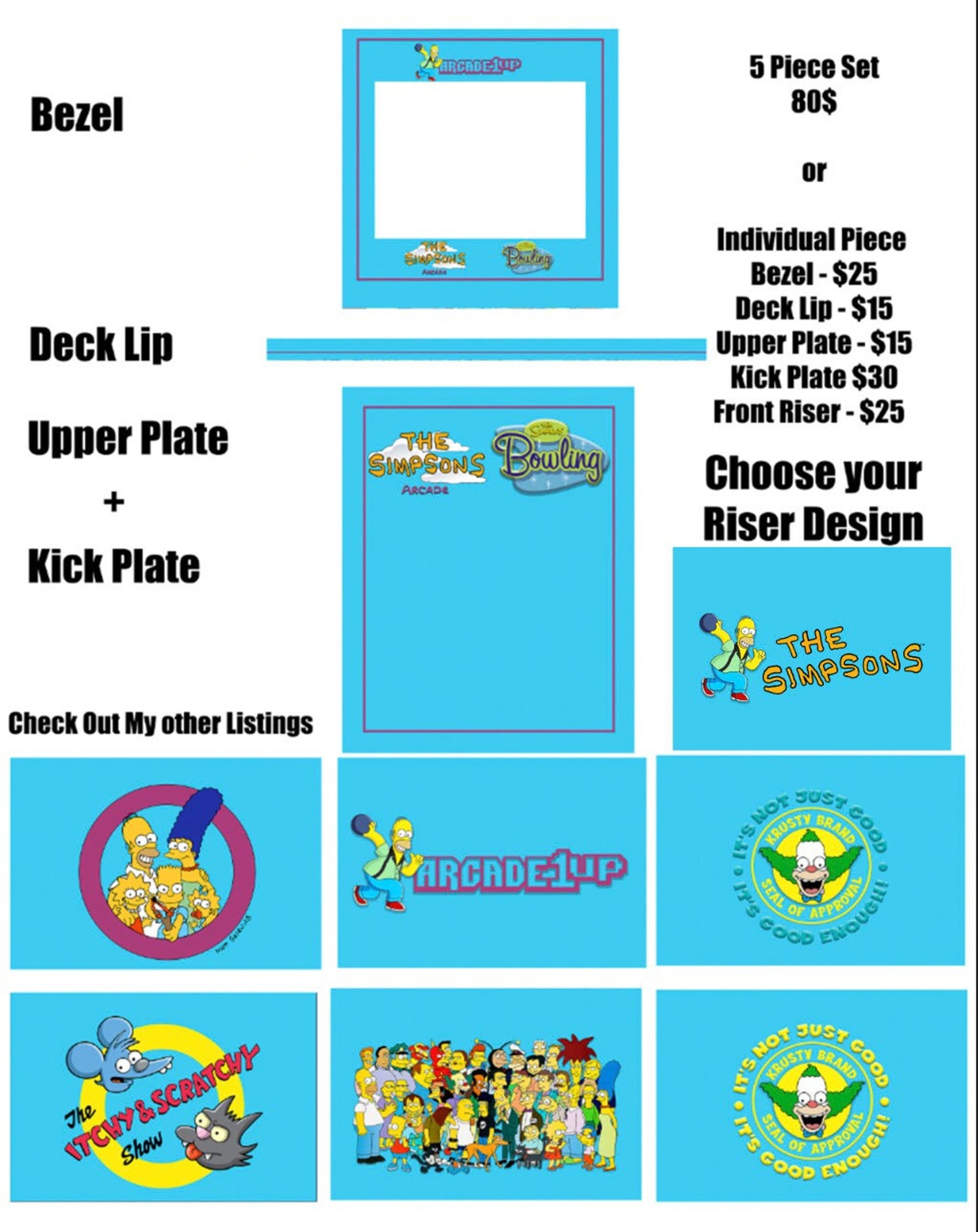 The Simpsons Arcade1up Arcade 1up 5 Piece Front Decal Sticker Set (blue ...
