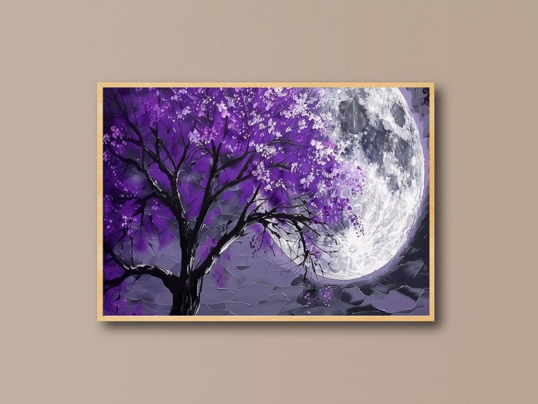 Moon Art Work : Tree With Purple Flowers and a Full Moon, Full Moon Art ...