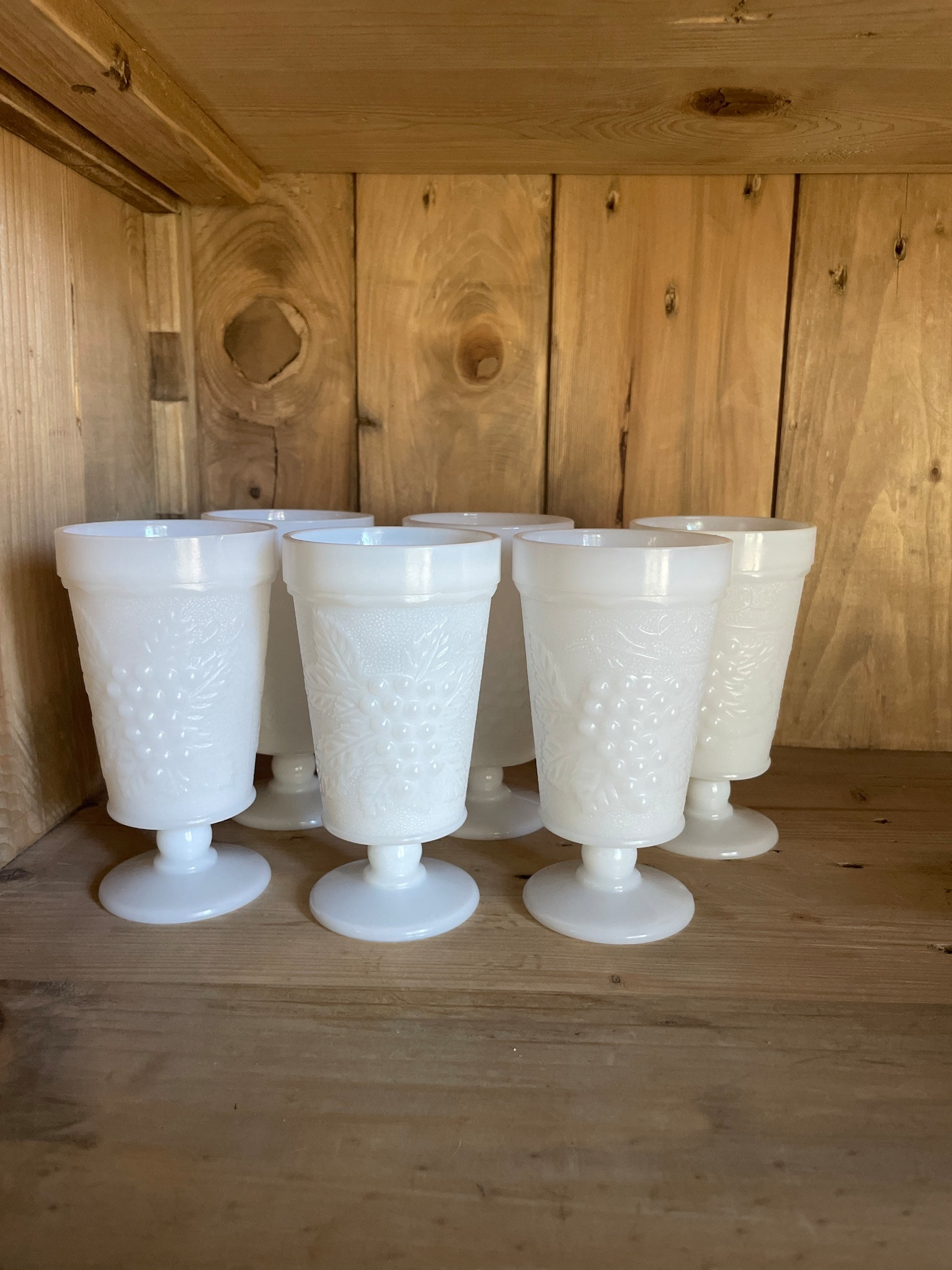 Vintage White Milk Glass Grape Leaf Harvest Pattern Footed Water Goblet ...