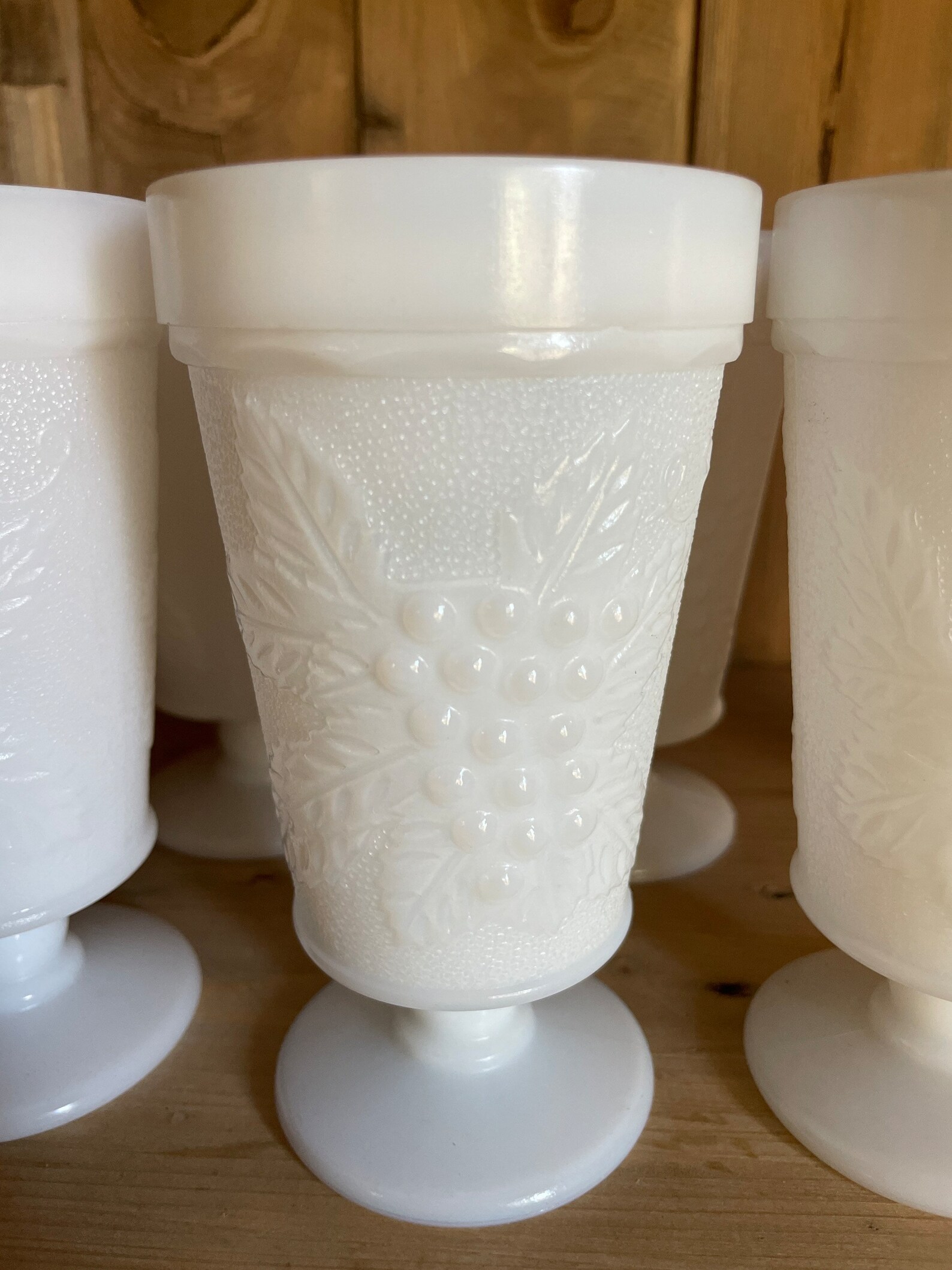 Vintage White Milk Glass Grape Leaf Harvest Pattern Footed Water Goblet ...
