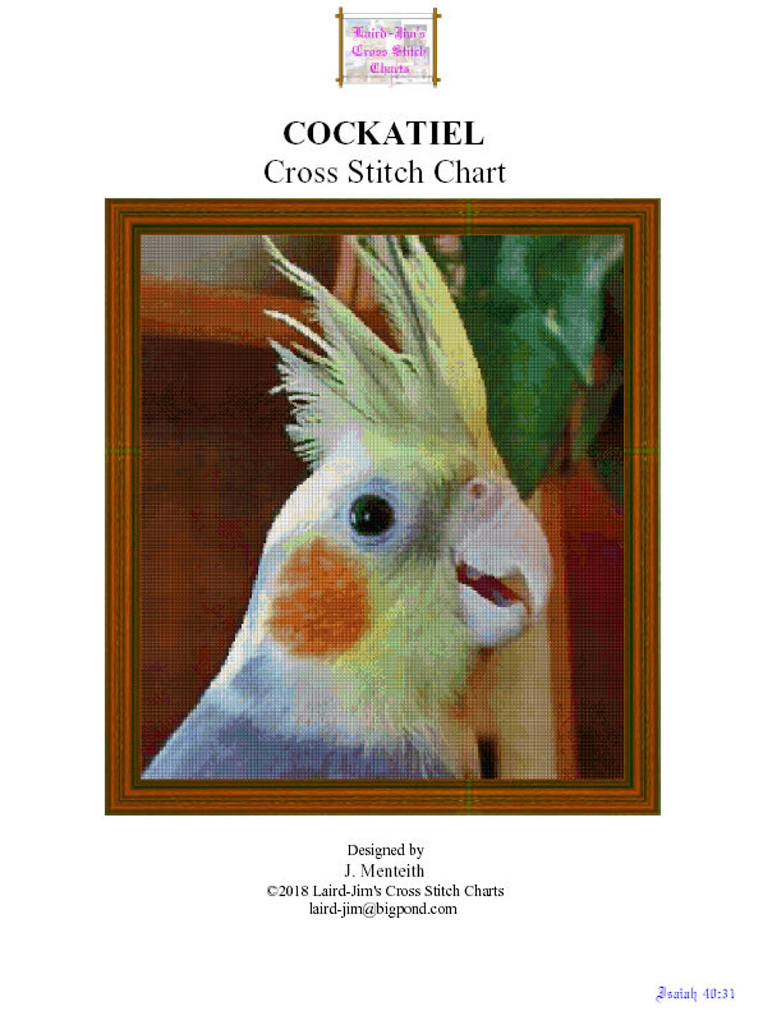 COCKATIEL - Cross Stitch Chart - Etsy