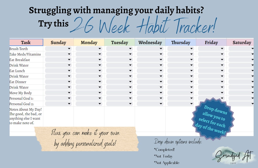 26 Week Daily Habit Tracker- Complete With Customizable Options, Drop ...