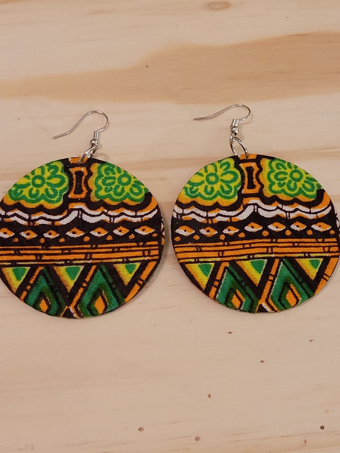 African Print Wood Earrings, Handmade African Fabric Earrings ...