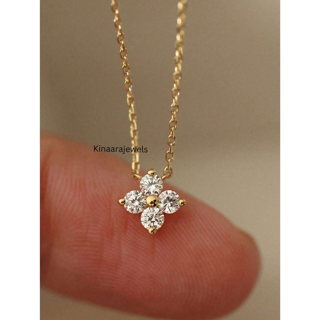 Clover Four Stone Diamond Pendant, Lab Grown Diamond Necklace, Floral ...