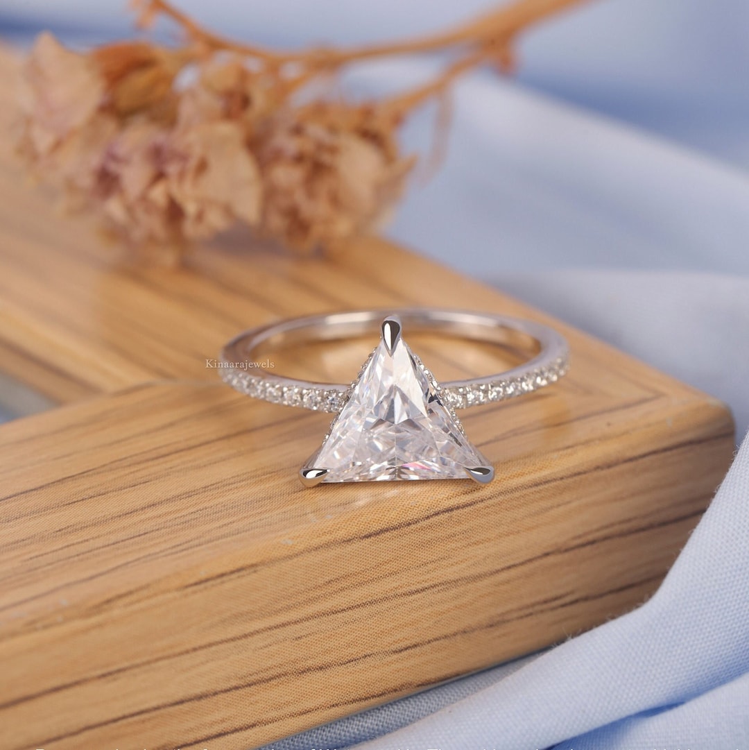 Triangle Diamond Ring, Triangle Cut Moissanite Ring, Hidden Halo ...