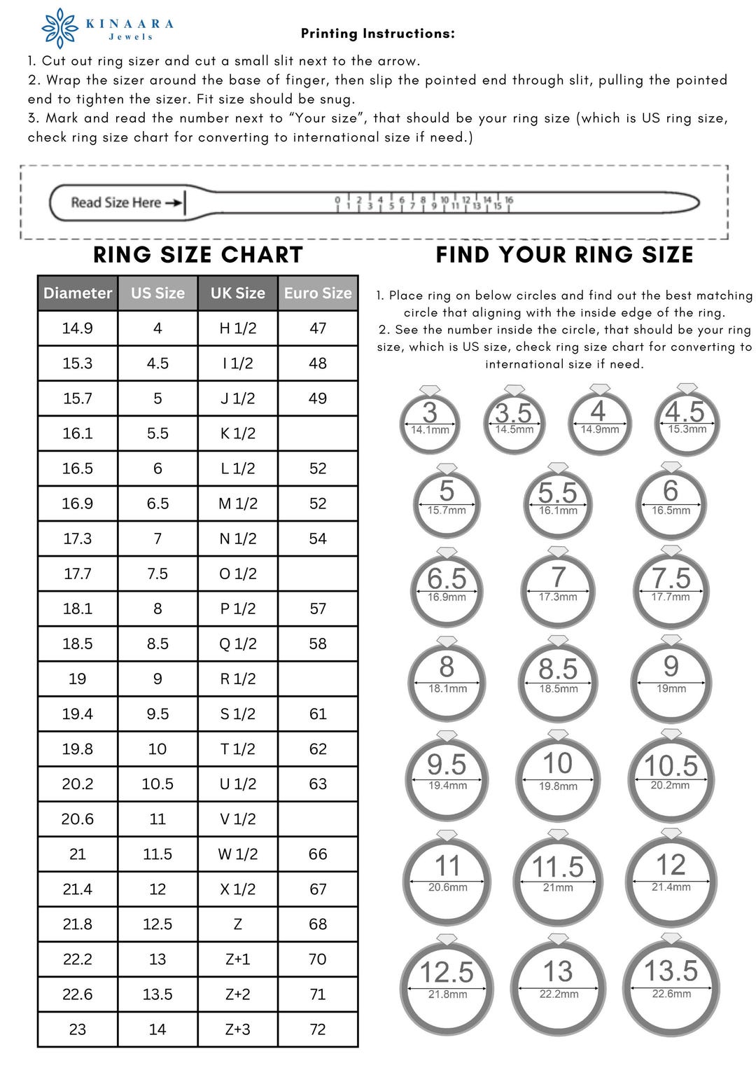 Printable Diamond Ring Sizer Printable Ring Sizer Women's Finger Ring ...