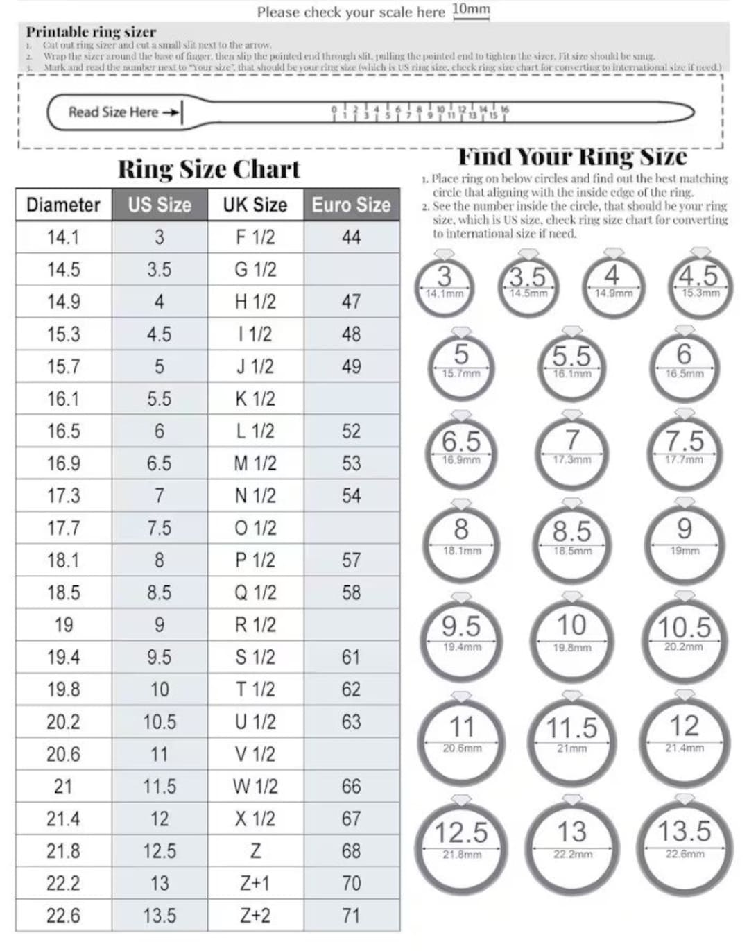 Printable Diamond Ring Sizer Printable Ring Sizer Ring Size Finder Ring ...