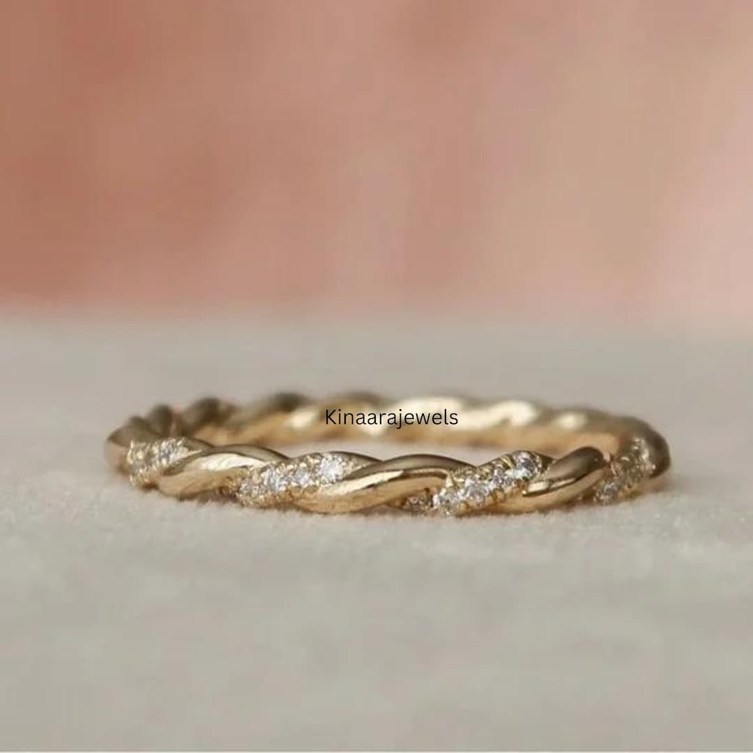 14K Solid Gold Twisted Wedding Band Lab Created Diamond Band Criss ...