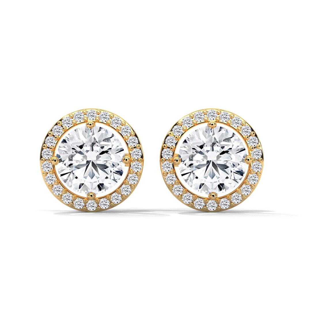 Floating Lab Grown Halo Stud Earrings, 14K Solid Yellow Gold Studs ...
