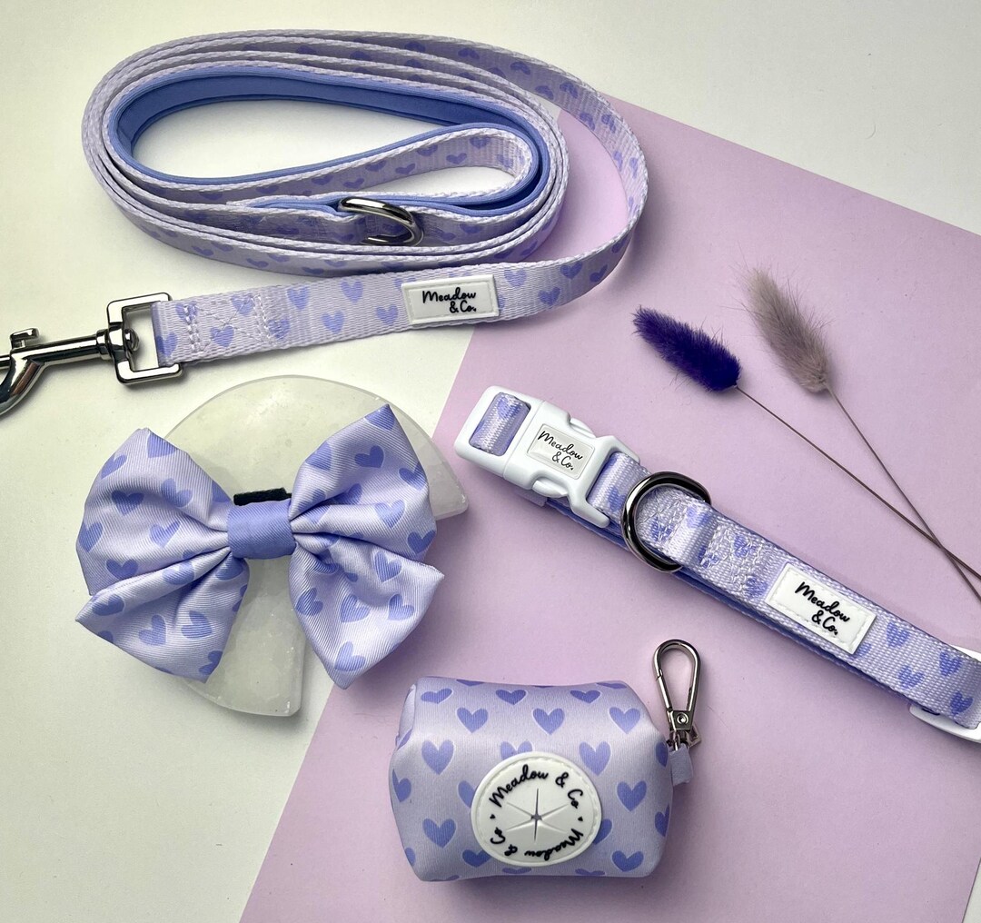 Purple Heart Dog Collar Set, Leash, Bow & Poop Bag Holder (adjustable ...