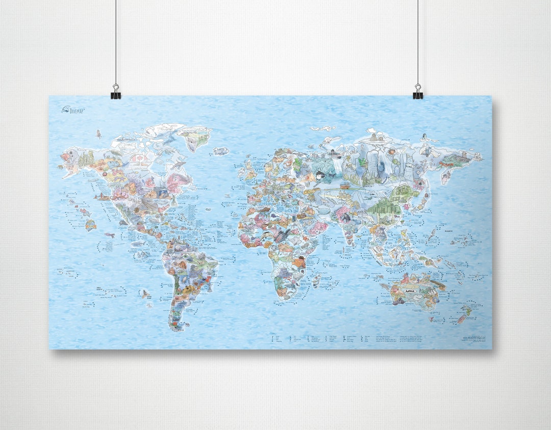 Dive Map - World Map Poster for Divers - Awesome Map Scuba Diving Gift ...