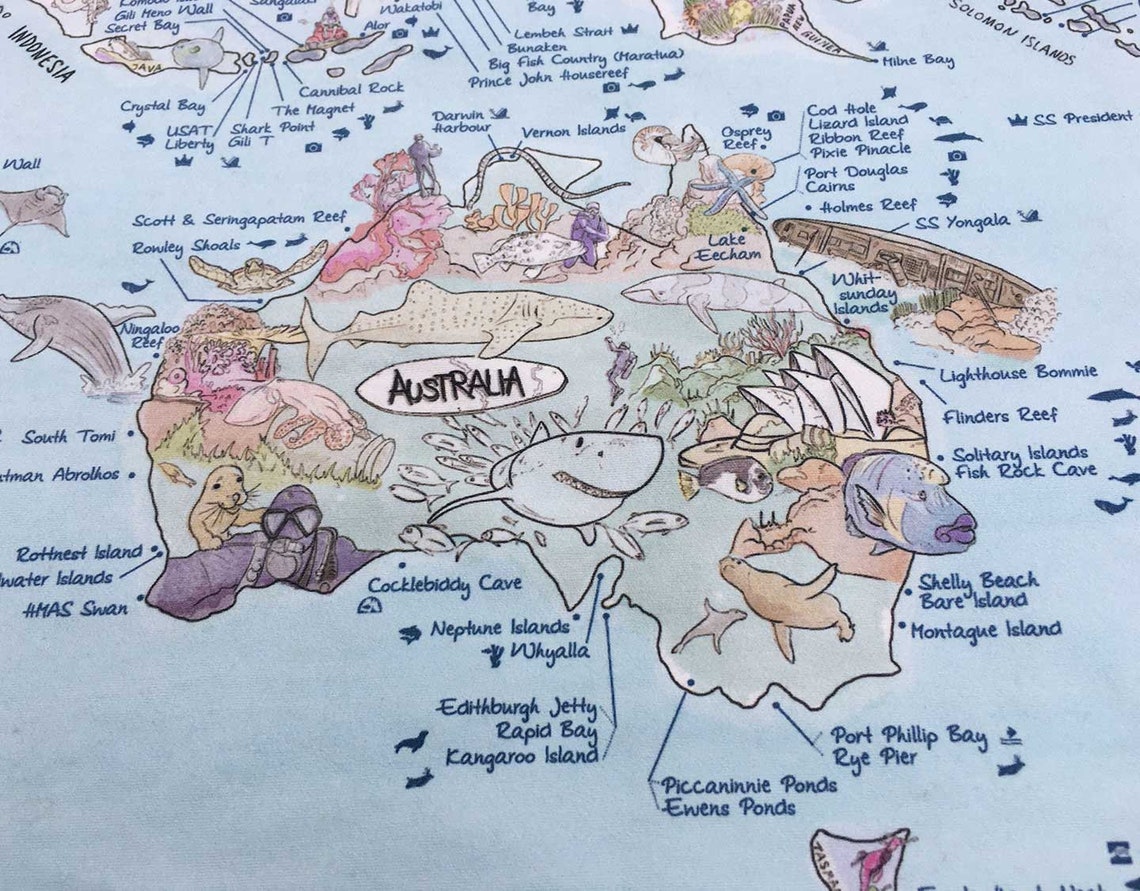 Dive Map Roll Down Canvas Awesome Map World Map for Scuba Diving/divers ...