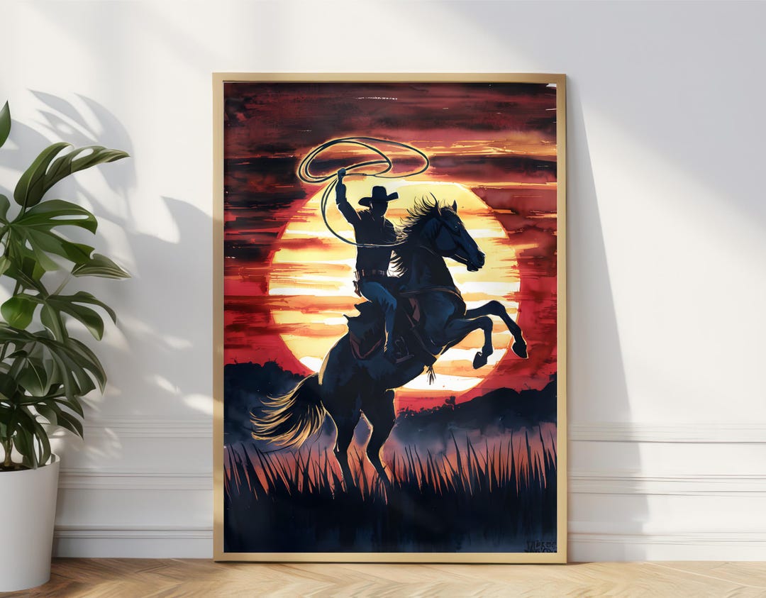 Cowboy Sunset Wall Art | Wild West Horseback Rider Print | Watercolor ...