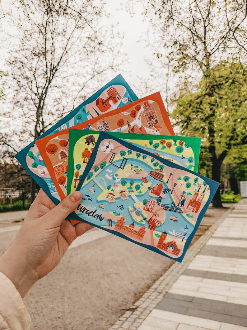 Set of 4 Wroclaw Map Postcards Colorfull Map of Wroclaw Citymap - Etsy