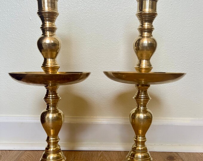Pair Large Vintage Brass Candle Holders for Pillar Candles With Drip ...