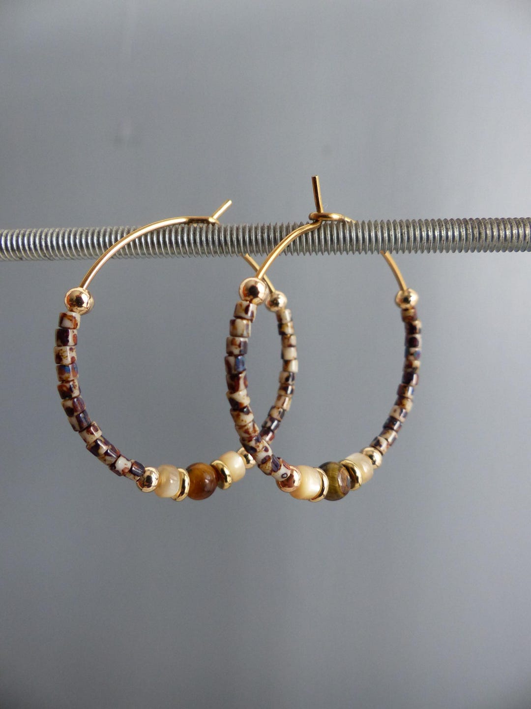 Miyuki Mother-of-pearl Tiger's Eye Hoop Earrings, Boho Hoops in Gold ...