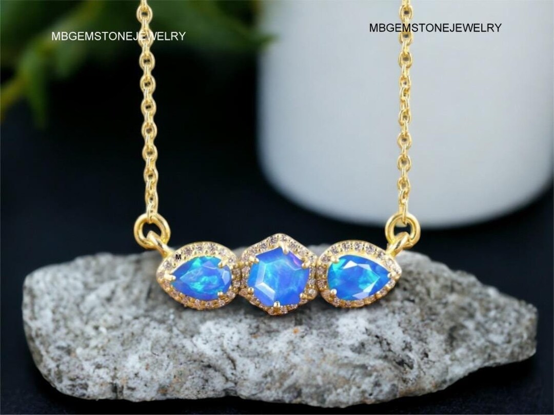Hexagon Natural Ethiopian Blue Opal Pendant, Vintage Fire Opal Necklace ...