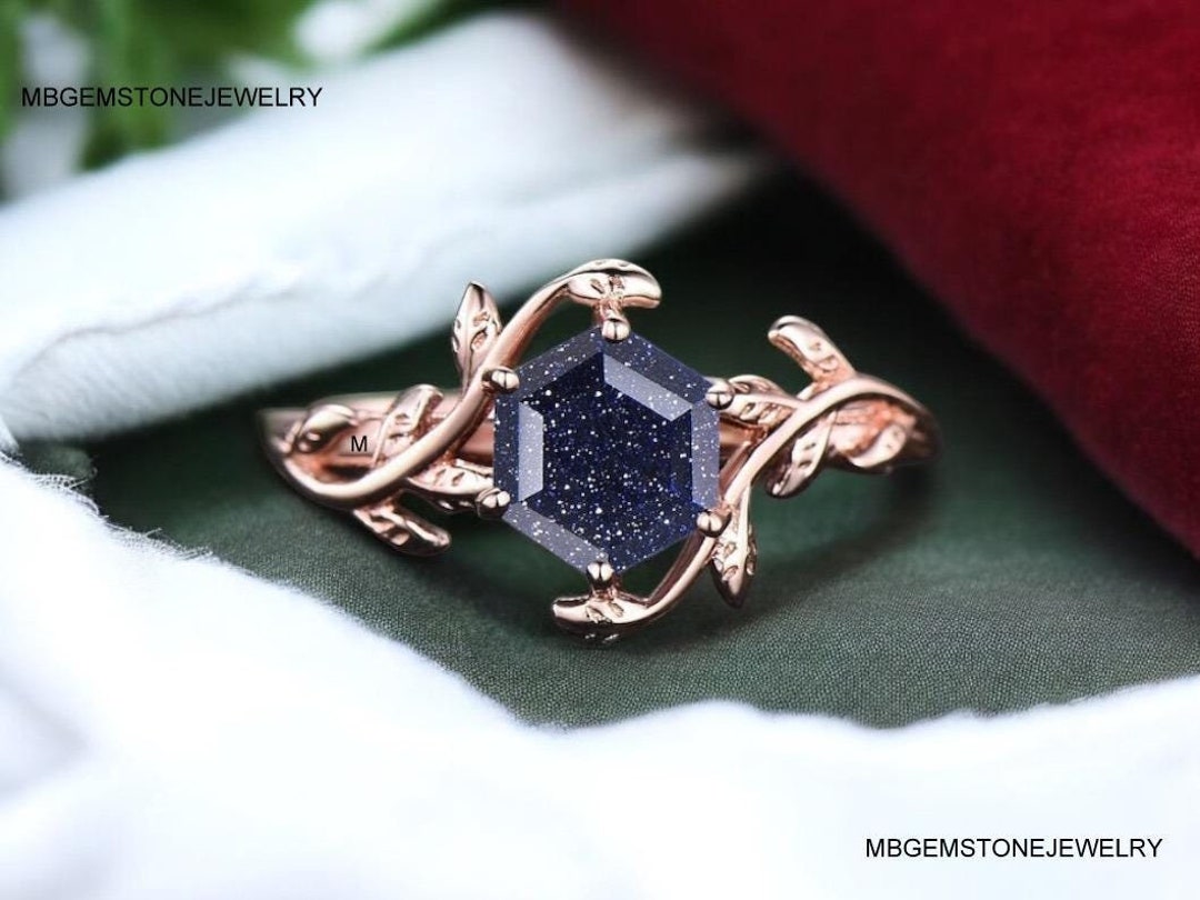 Hexagon Blue Sandstone Ring for Women, Vintage Sandstone Jewelry ...