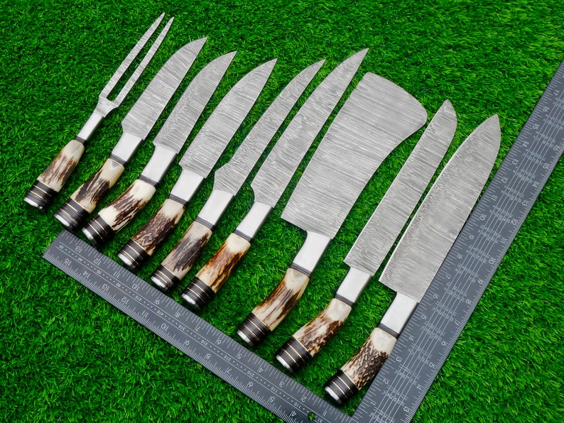 Handmade Damascus Steel Kitchen Knife Set, Stag Handle, Chef Knives - Etsy