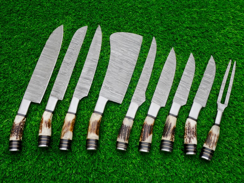 Handmade Damascus Steel Kitchen Knife Set, Stag Handle, Chef Knives - Etsy