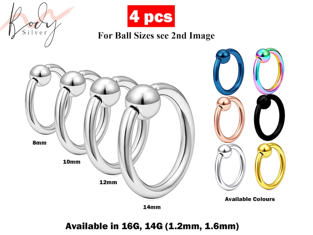 Ball Closure Ring, Septum Ring 4 Pieces Captive Ring Size 8, 10, 12 ...