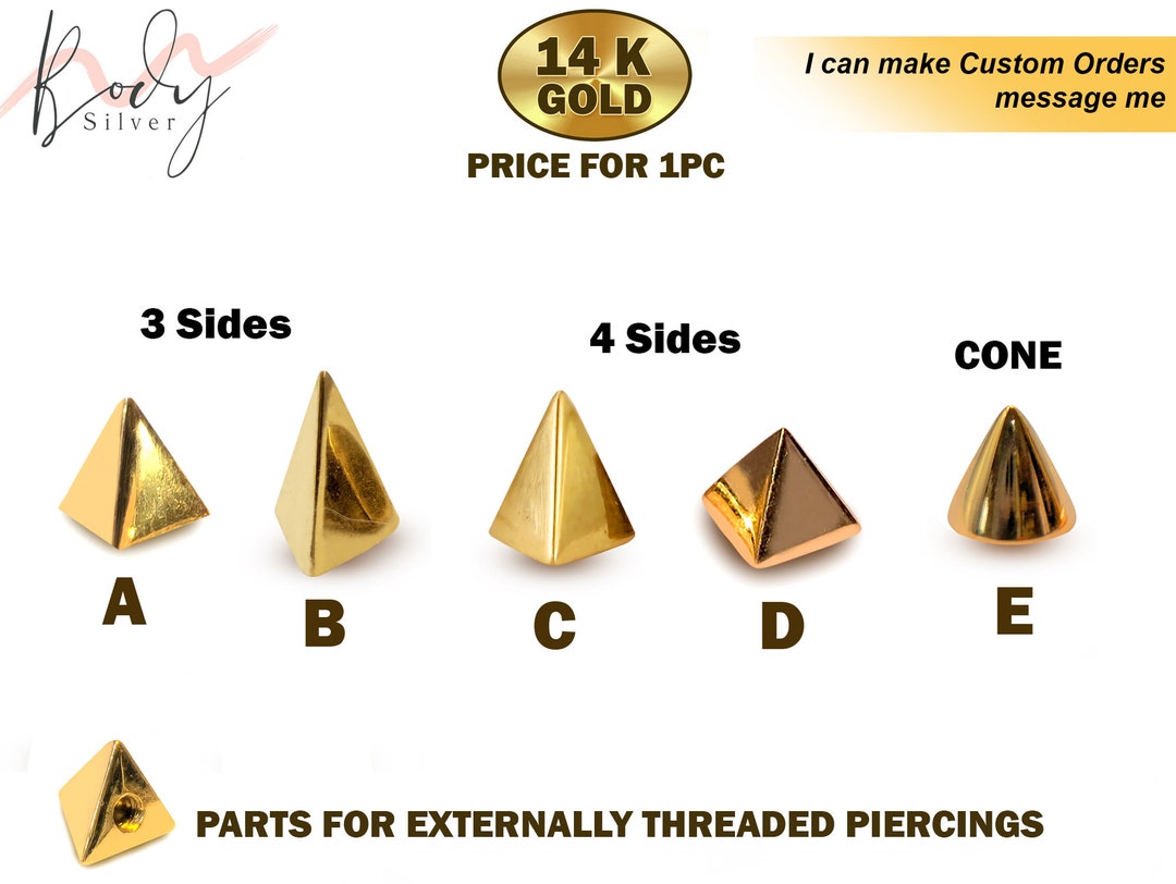14K Solid Gold Spike Threaded Piercing Parts Triangle / Cones Shape ...