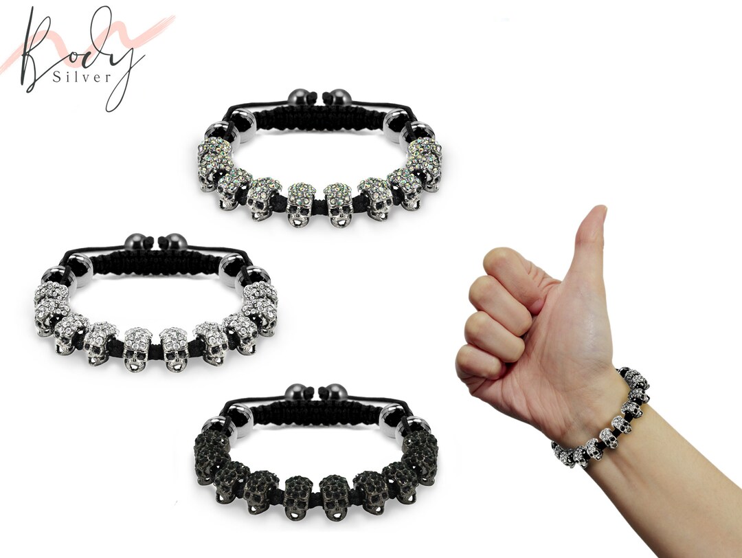 Skull Head Bracelet With CZ Crystals and Hematite Beads Handmade Beaded ...