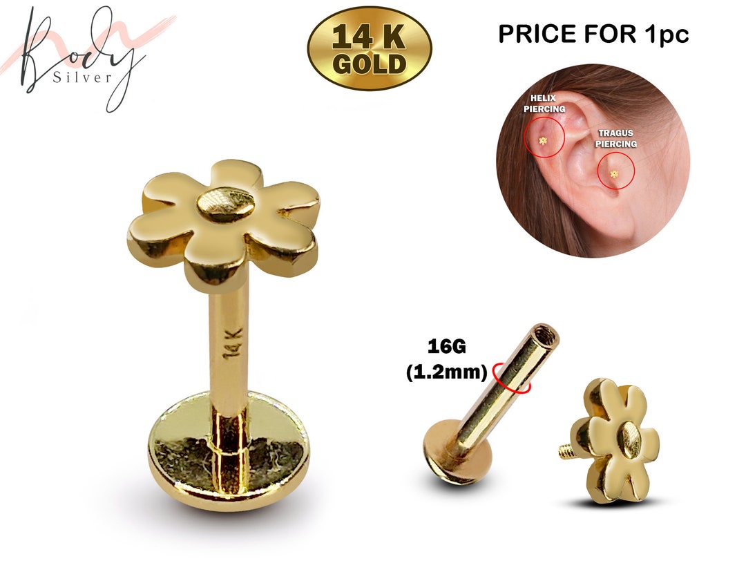 14K Gold Flower Tragus Earring, Cartilage Piercing Labret Studs ...