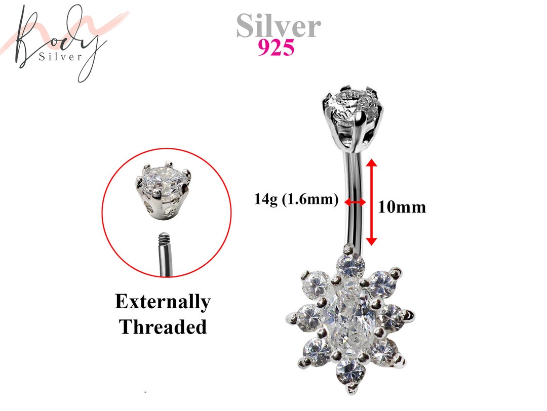 Silver Belly Button Piercing, Belly Bars Belly Ring Flower CZ Crystals ...