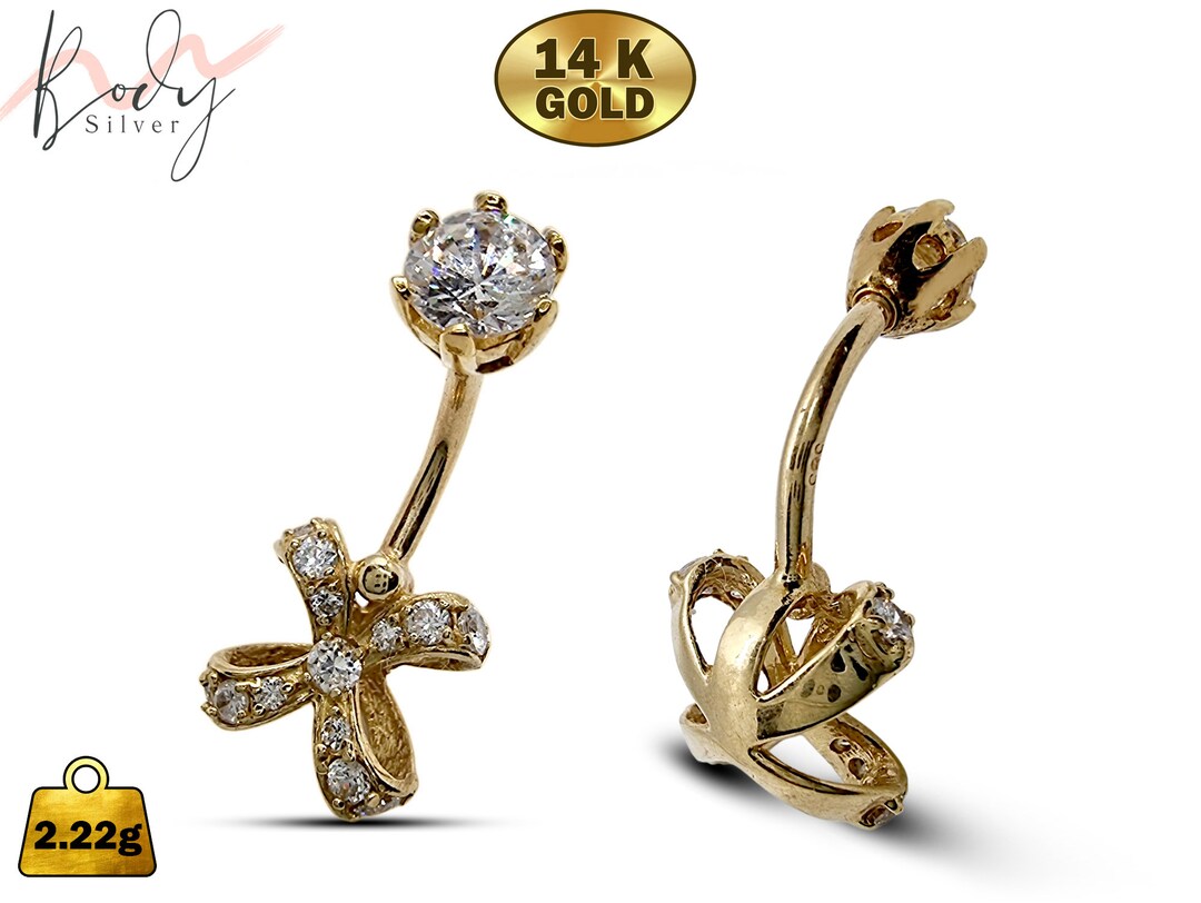 Ribbon Style Belly Bar Solid 14K Gold Designer Belly Button - Etsy