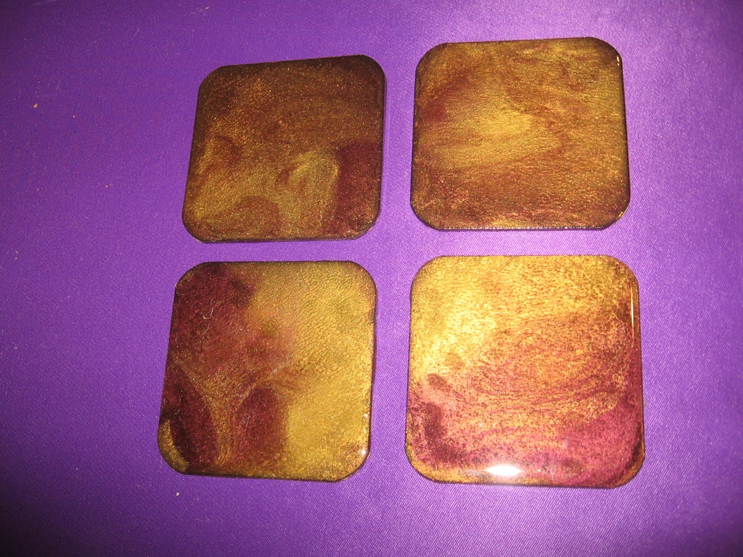 Coasters in Burgundy and Gold on Wood With Resin and Mica, Cork Bottoms ...