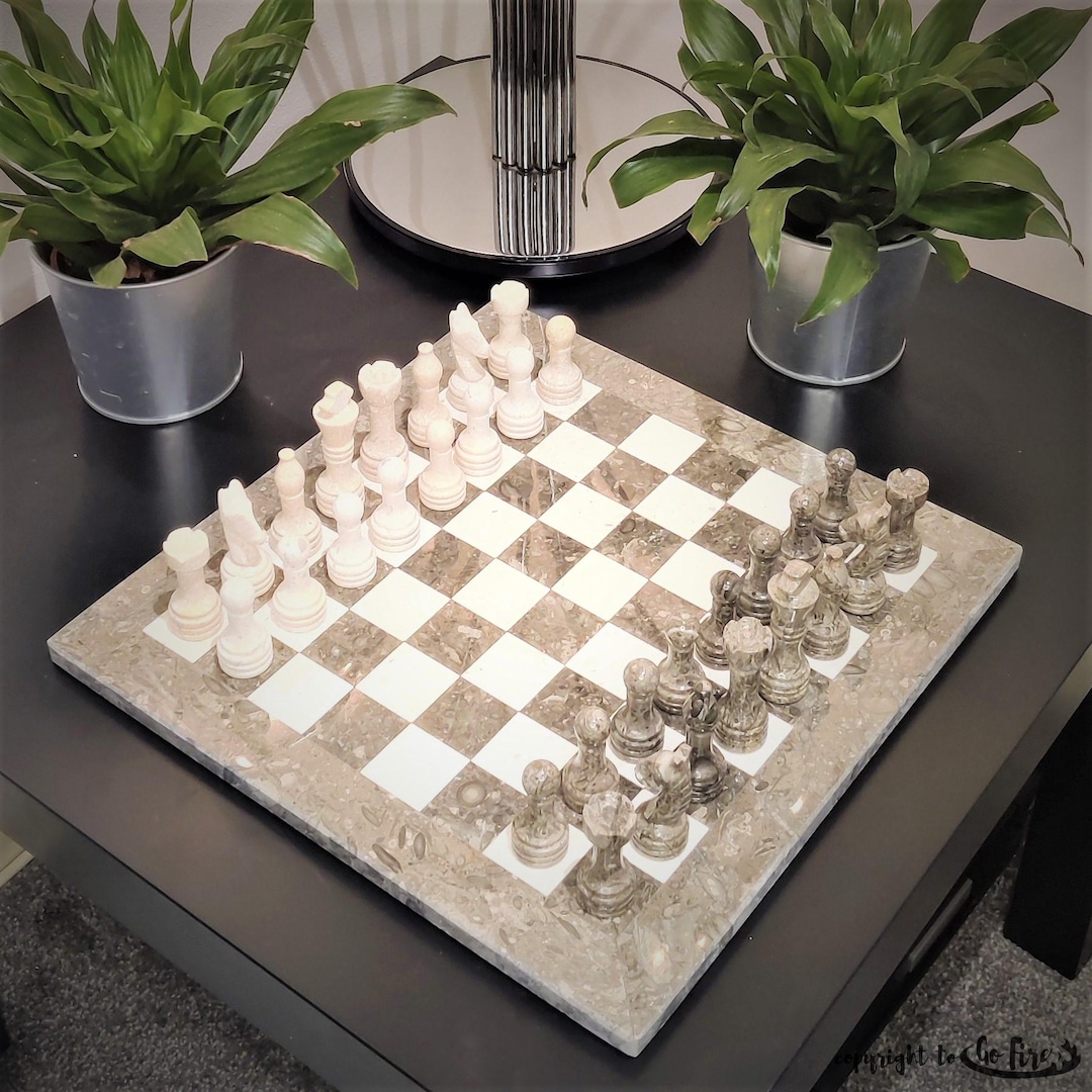 Handmade Marble Chess Set: Grey & Beige Stone, Velvet Box (12x12 Inch ...