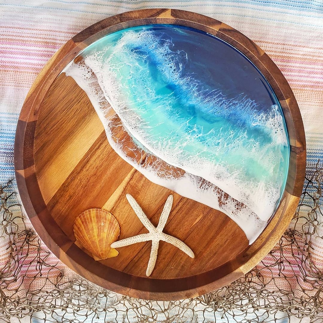 Resin Ocean Art Tray: Mango Wood Coastal Decor - Etsy