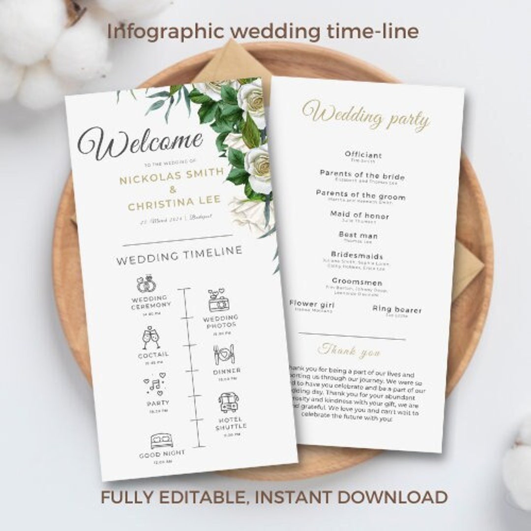 Wedding Program Template With ICONS Printable Floral Wedding Timeline ...