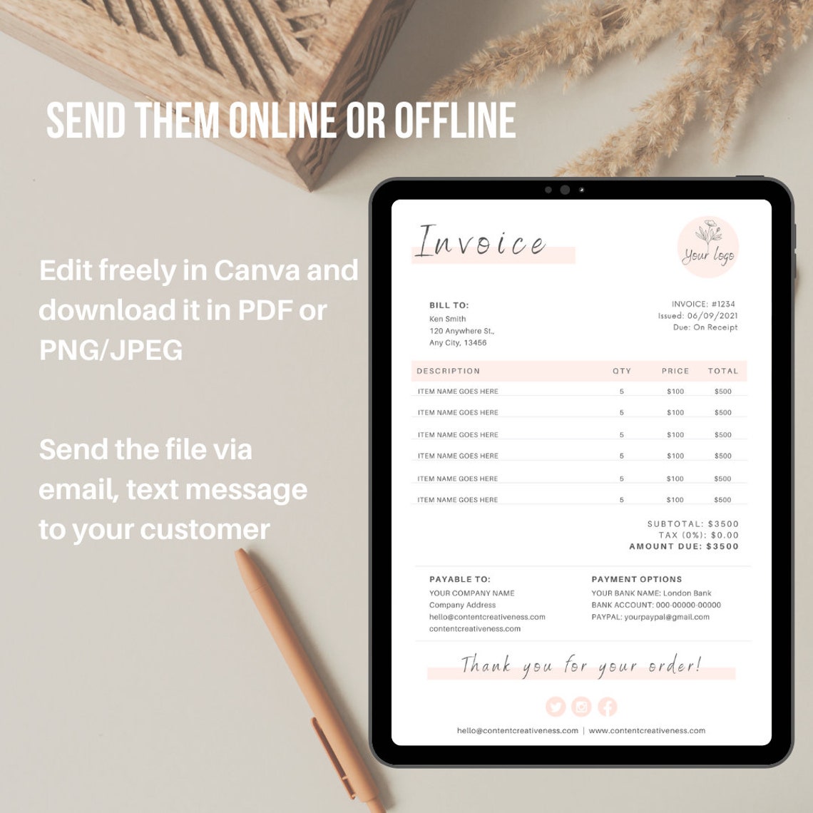 Modern Pink INVOICE Template Instant Download Editable - Etsy