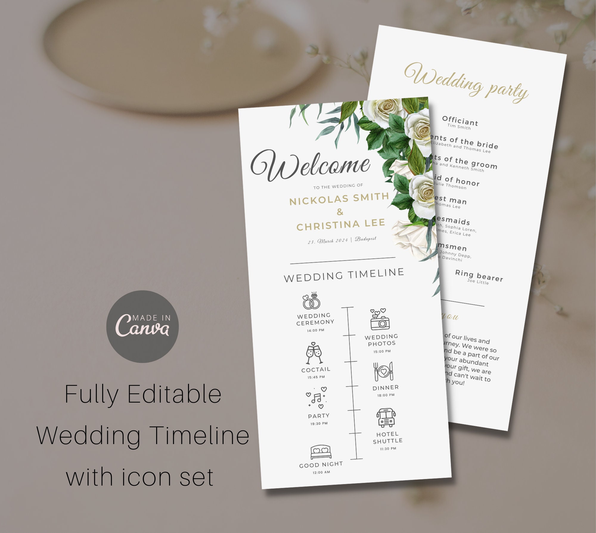 Wedding Program Template With ICONS Printable Floral Wedding Timeline ...